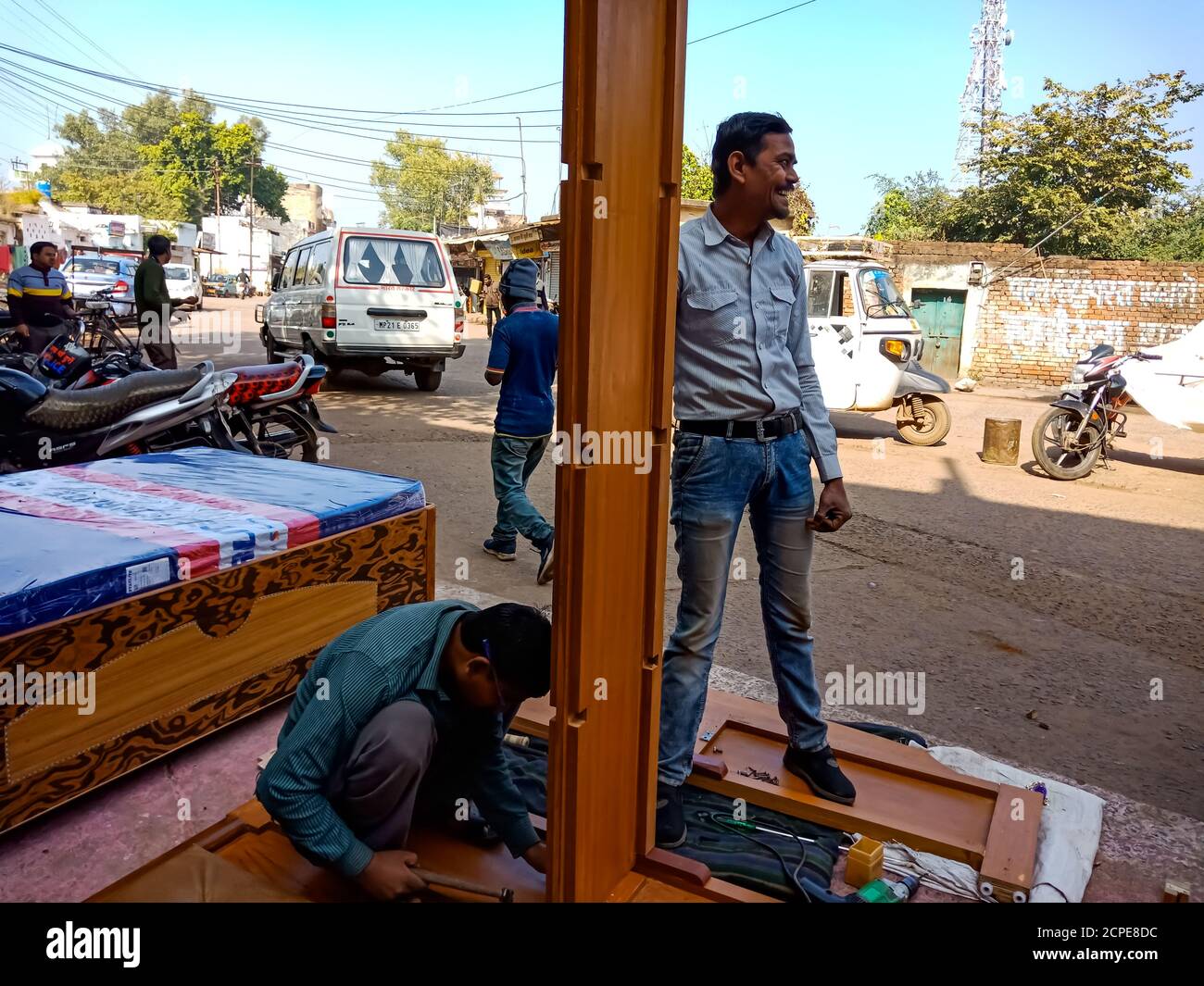 DISTRICT KATNI, INDIA - JANUARY 08, 2020: An indian woodworker making ...