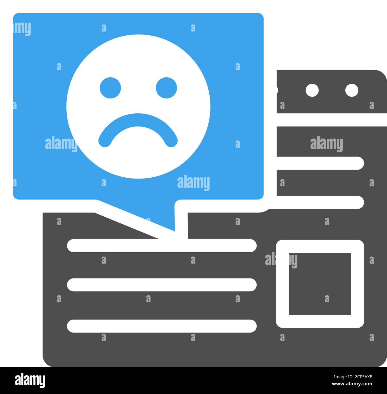 Website with speech bubble and sad face colored icon. User feedback ...