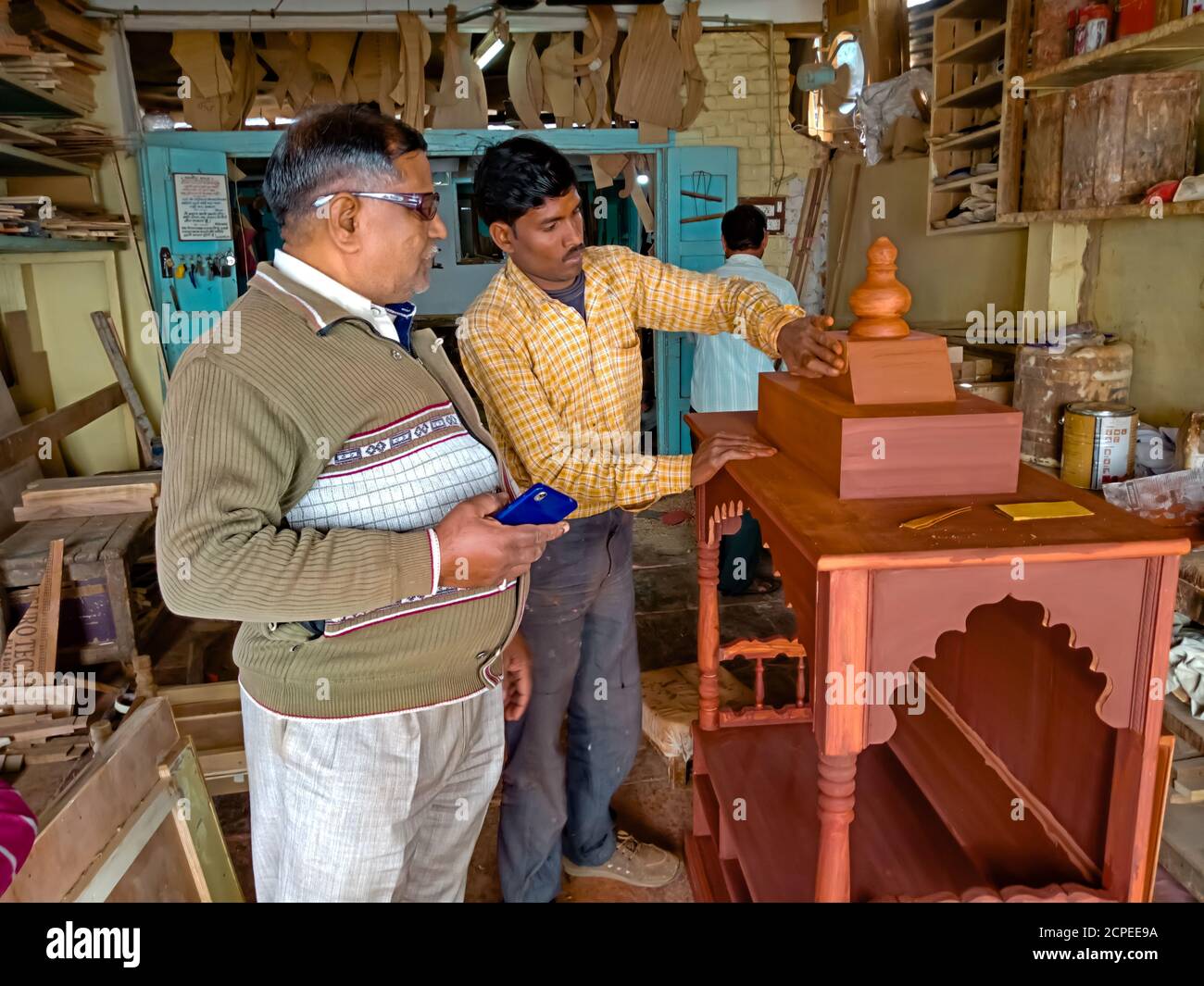 DISTRICT KATNI, INDIA - JANUARY 08, 2020: Indian woodworkers creating ...