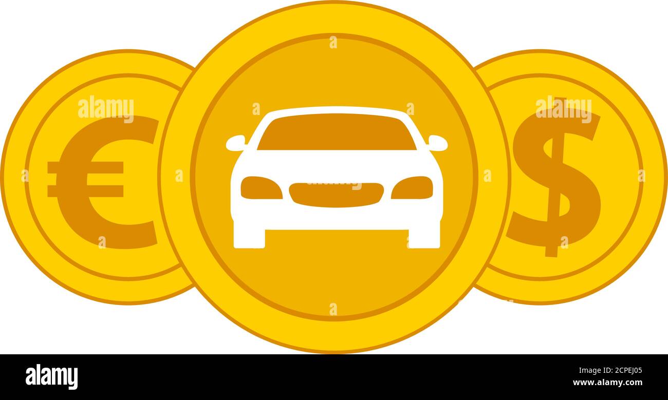 Car coin icon.Purchase payment money vehicle. Sign of euro and dollar ...