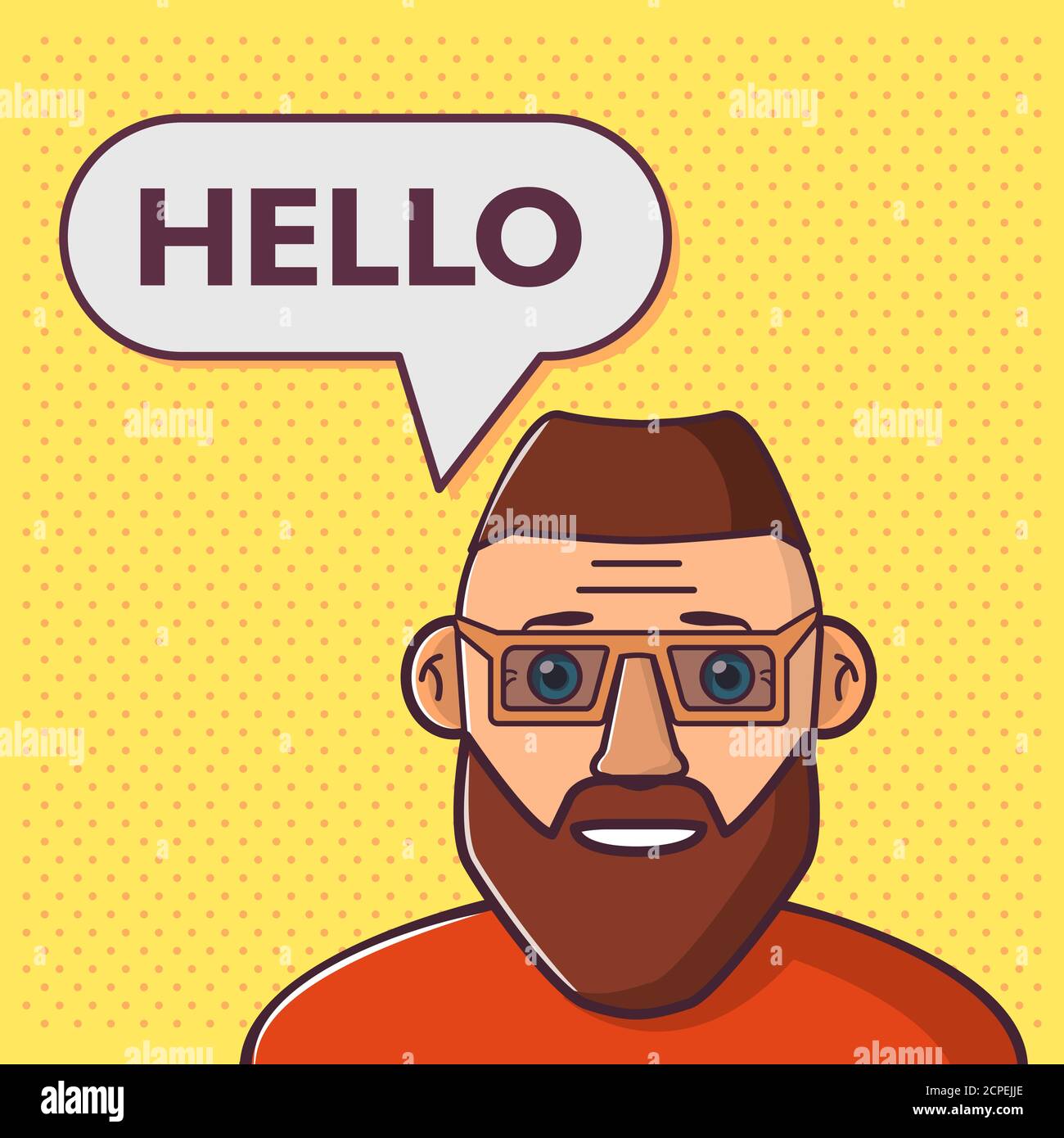Chatbot concept. Businessman speaks hello. A guy with a beard and ...