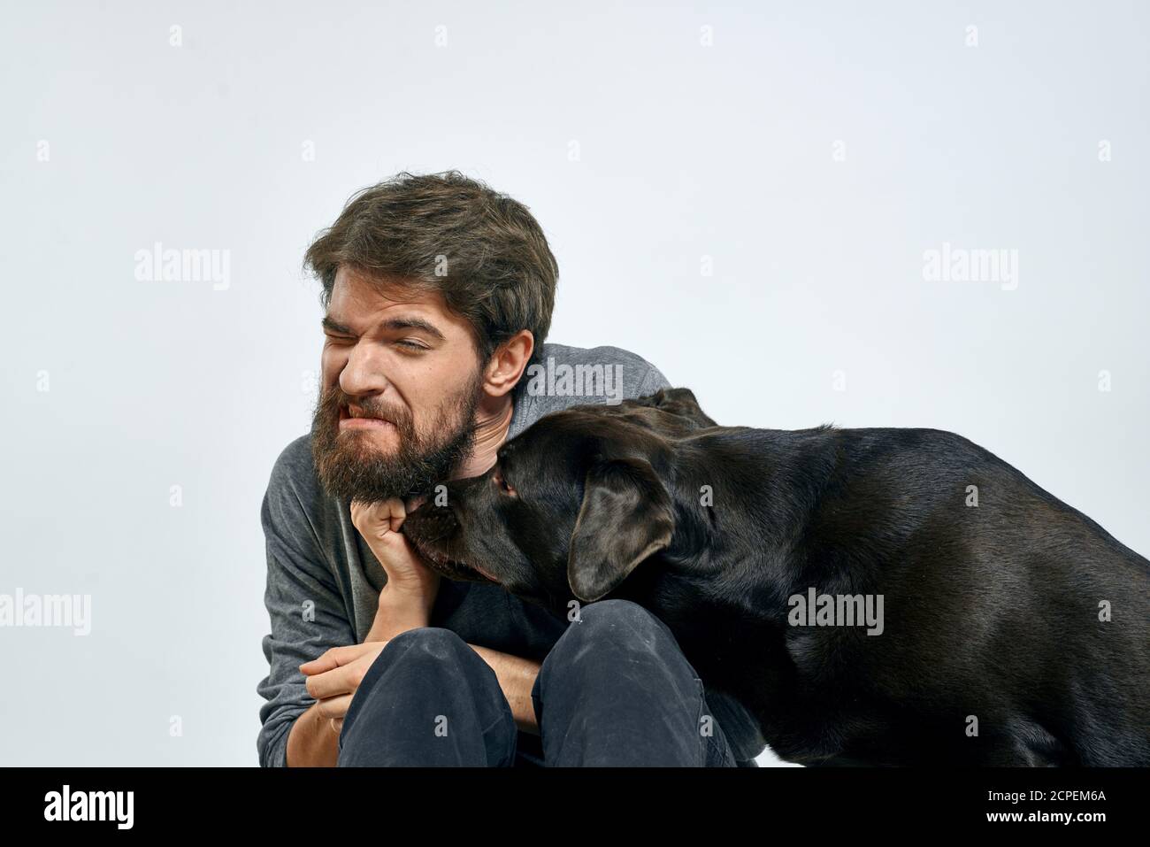 happy owner with pet black dog training model emotions Stock Photo - Alamy