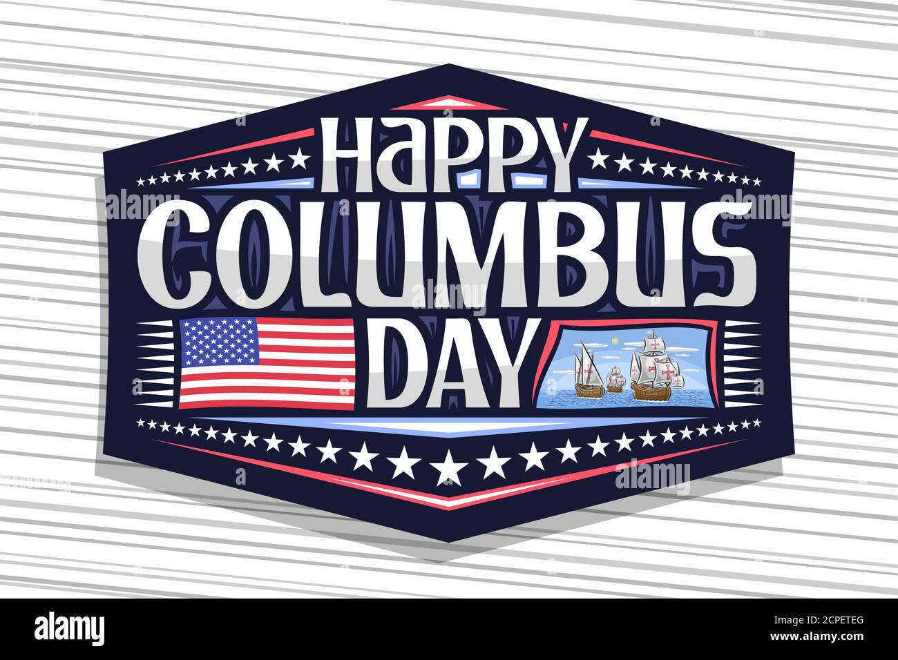 Vector logo for Columbus Day, dark badge with illustration of old sail ...