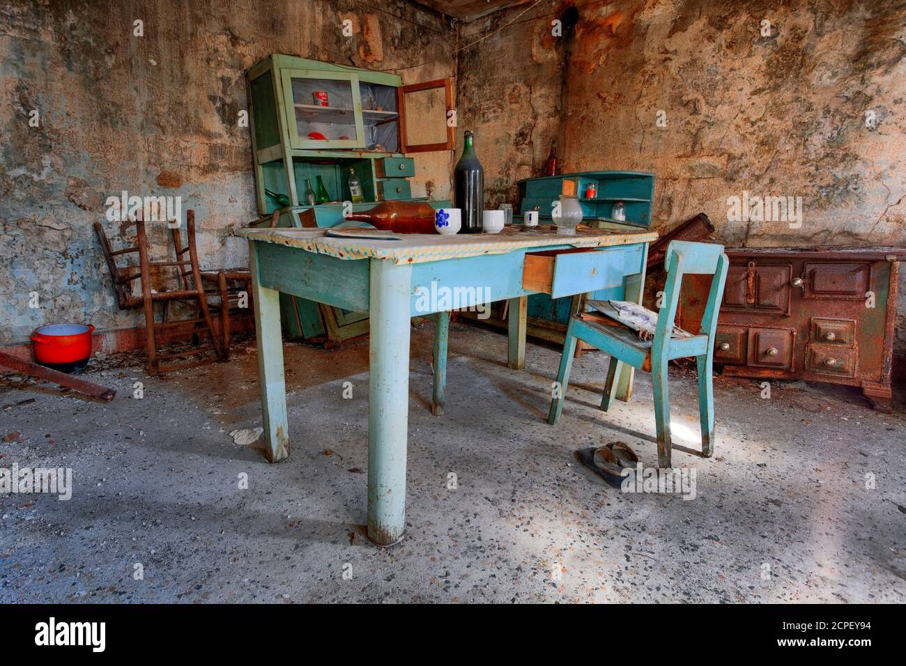 dusty dining corner in an old abandoned house, vintage scene Stock ...