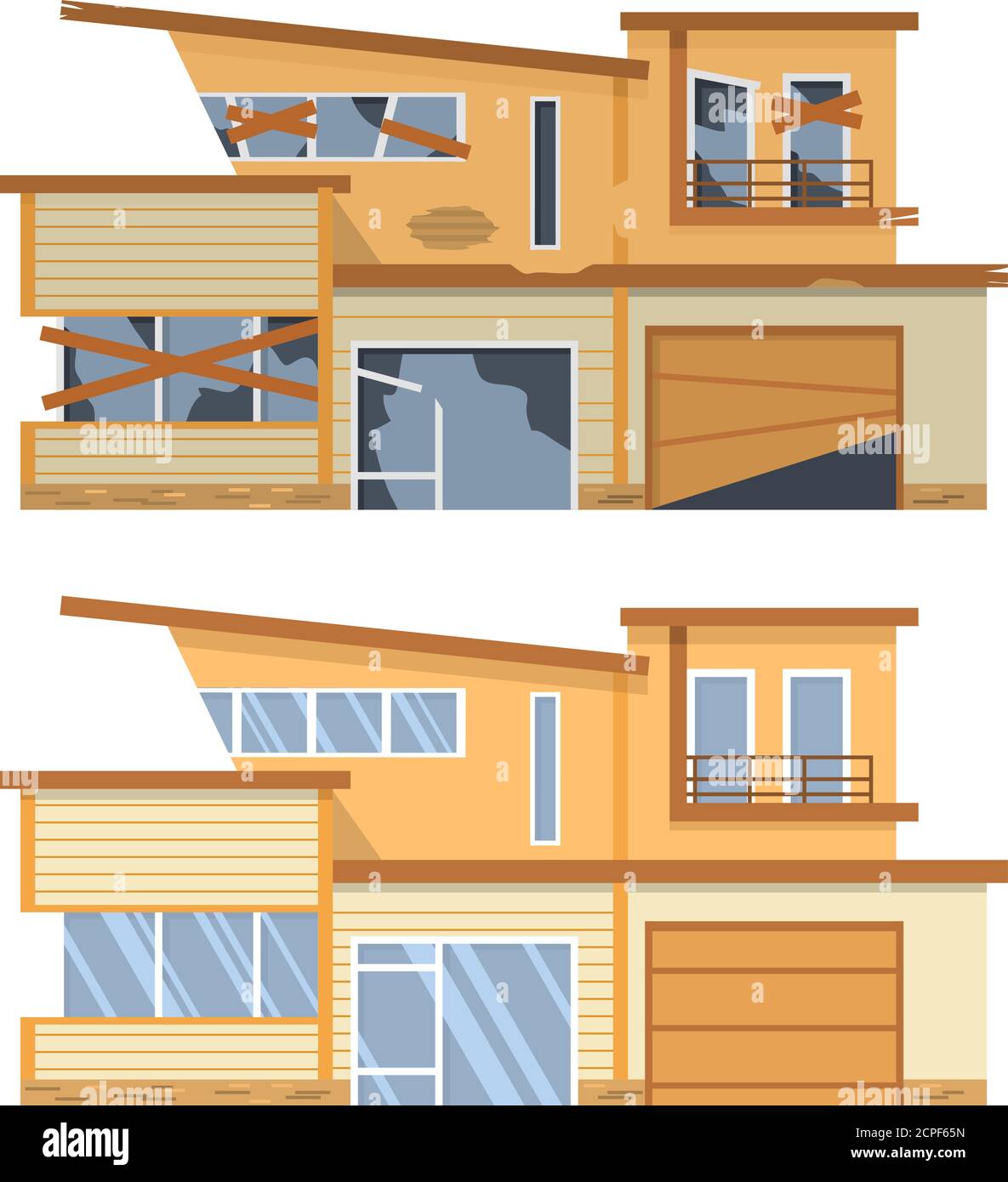 Modern house before and after repair. Old run-down home Stock Vector ...