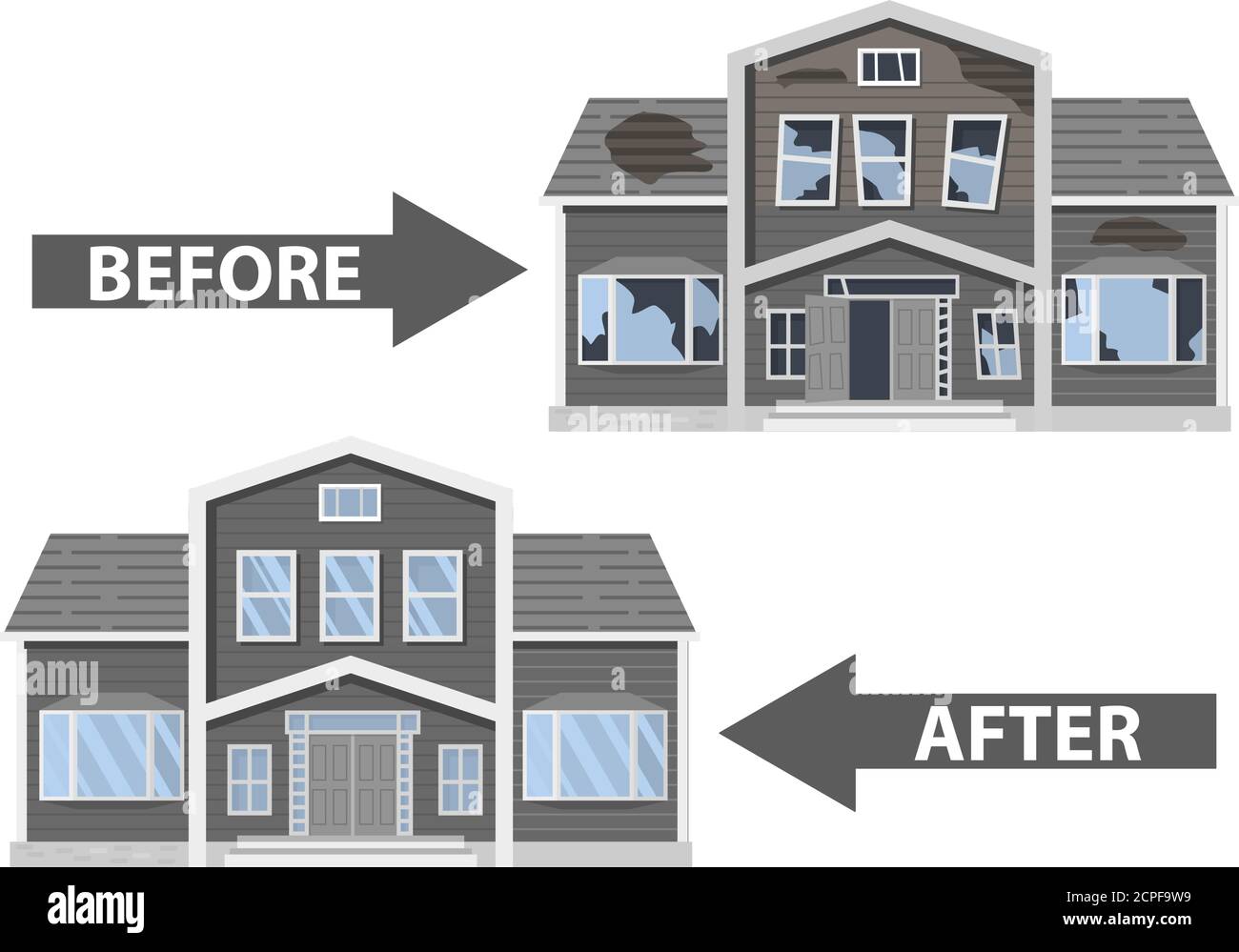 Modern house before and after repair.Old run-down home Stock Vector ...