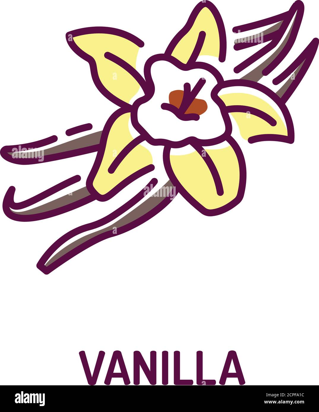 Vanilla pods and flower with caption color line icon. Spices, seasoning ...