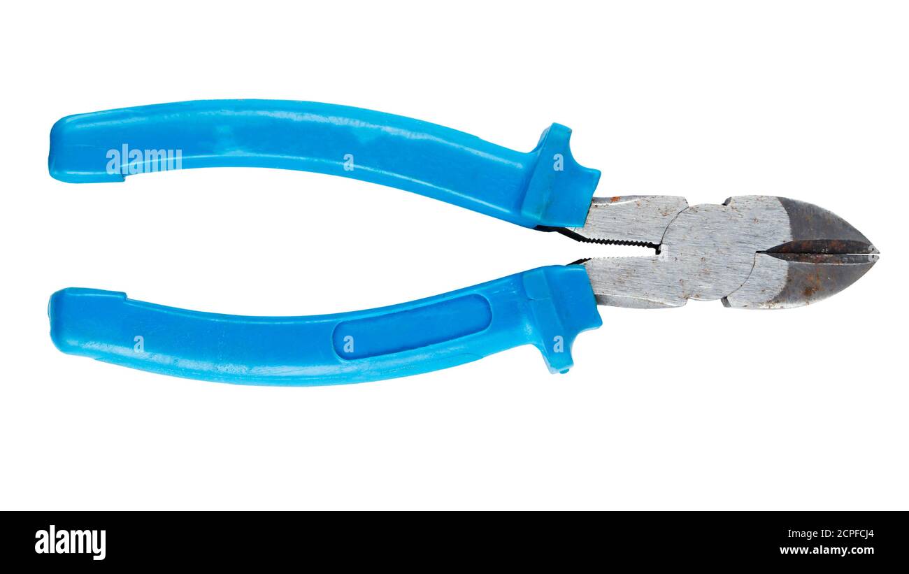 Wire cutter pliers with blue handles isolated on white background. File ...
