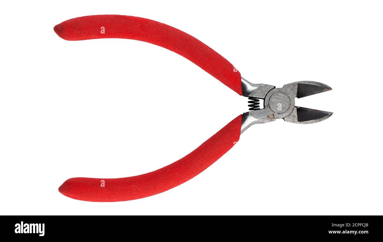 Wire cutter pliers with red handles isolated on white background. Hand ...