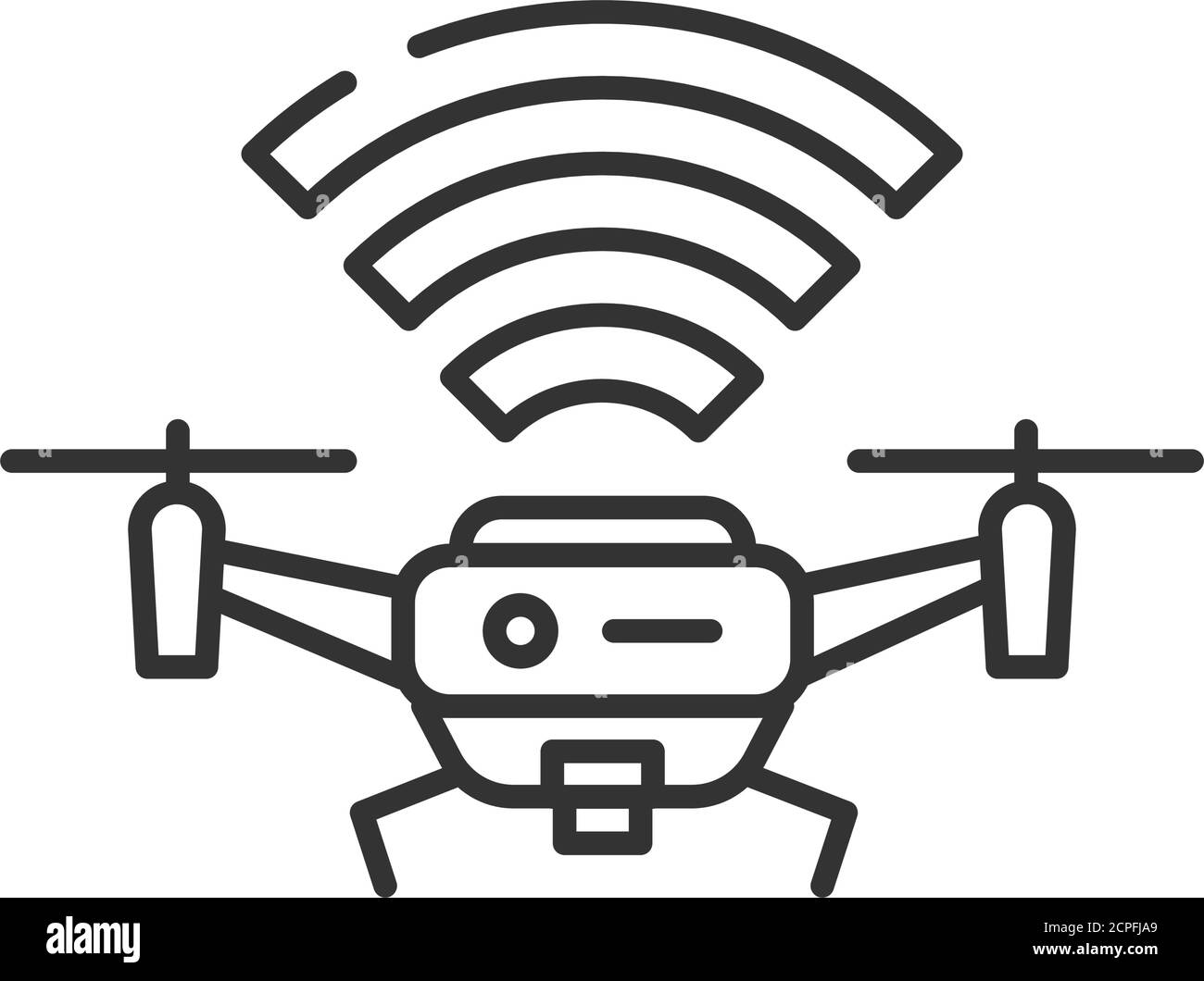 Drone quadrocopter with radio waves black line icon. Aircraft device ...