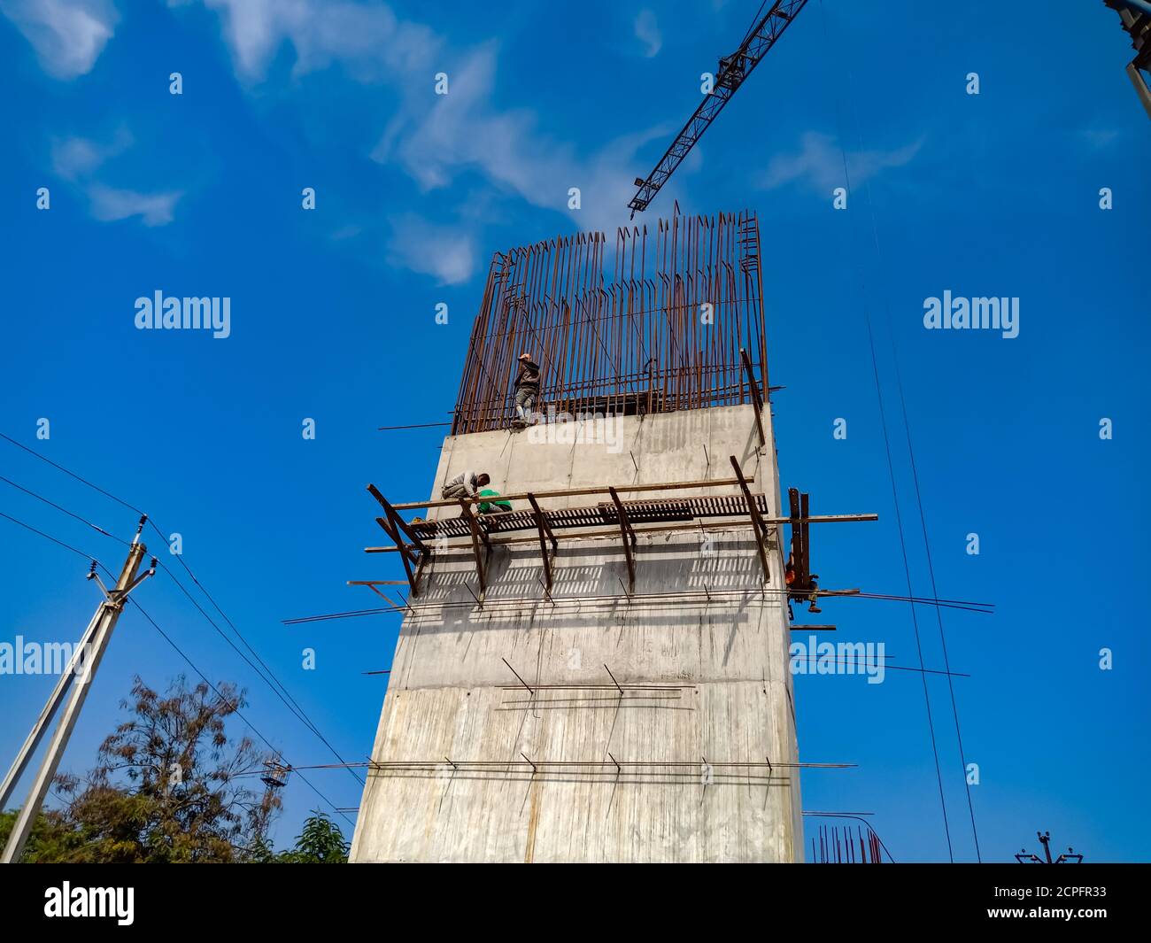 DISTRICT KATNI, INDIA - JANUARY 18, 2020: Cemented pillar construction ...