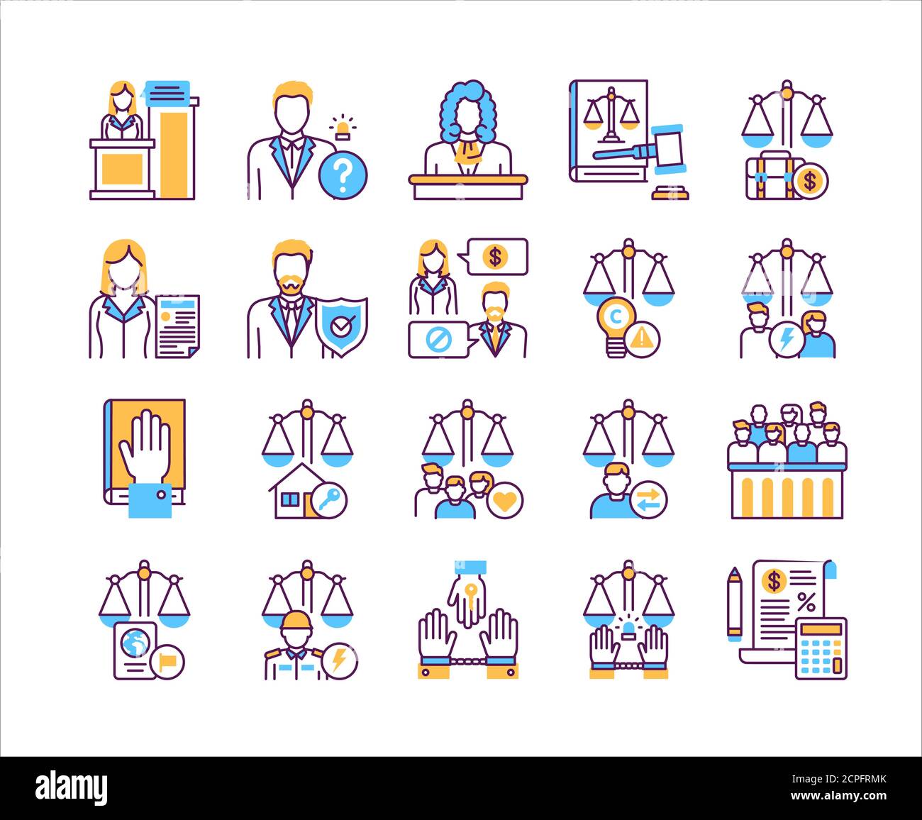 Law and justice line color icons set. Type of court. Judiciary concept ...
