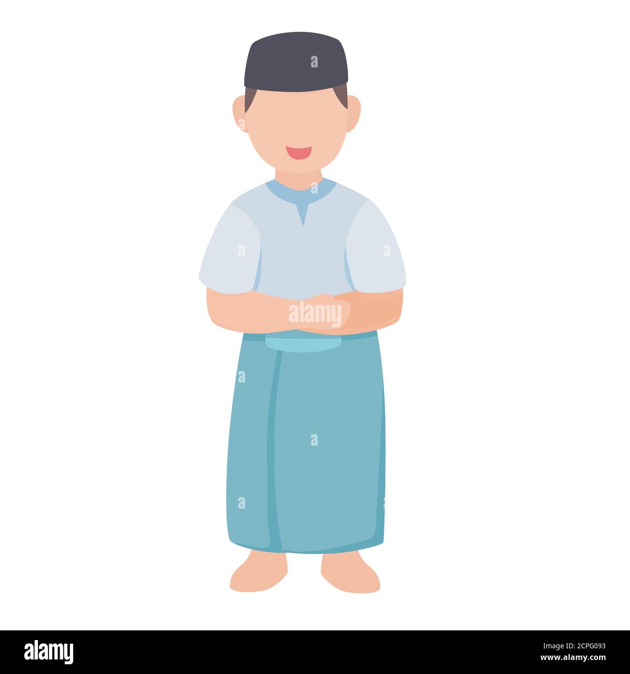 Muslim boy character islamic wear sarong praying sholat white isolated ...