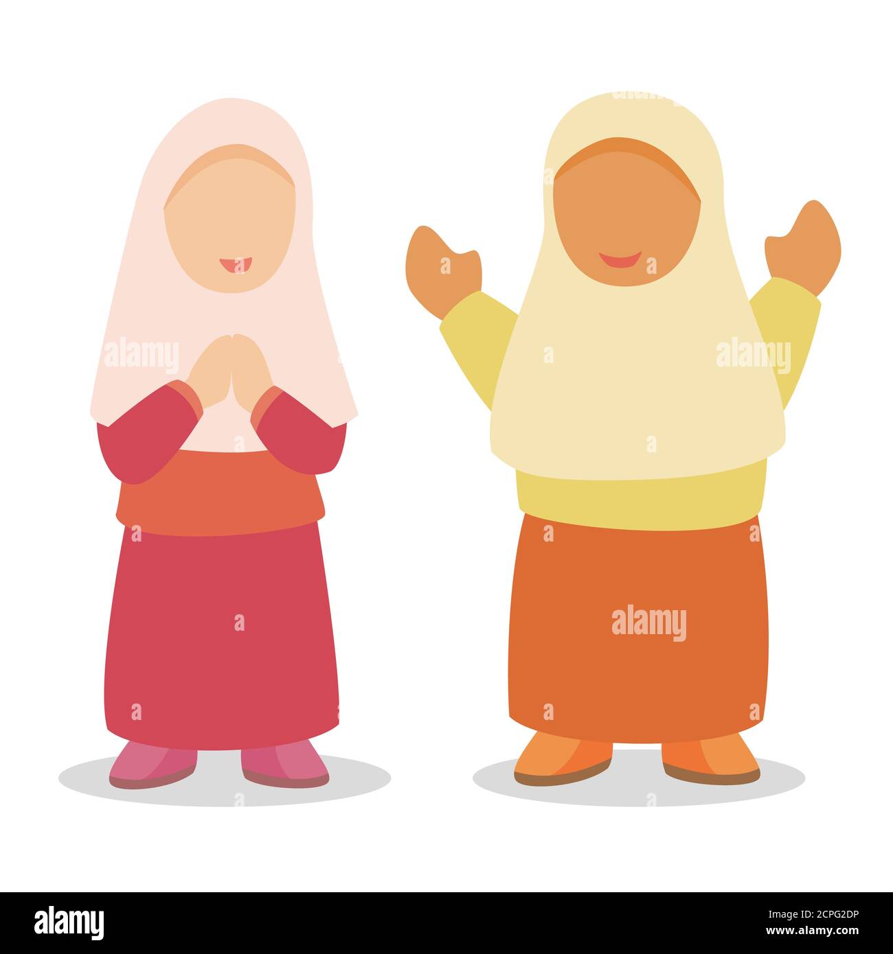 Two islamic girl character wearing muslim dress hejab greeting cheerful ...