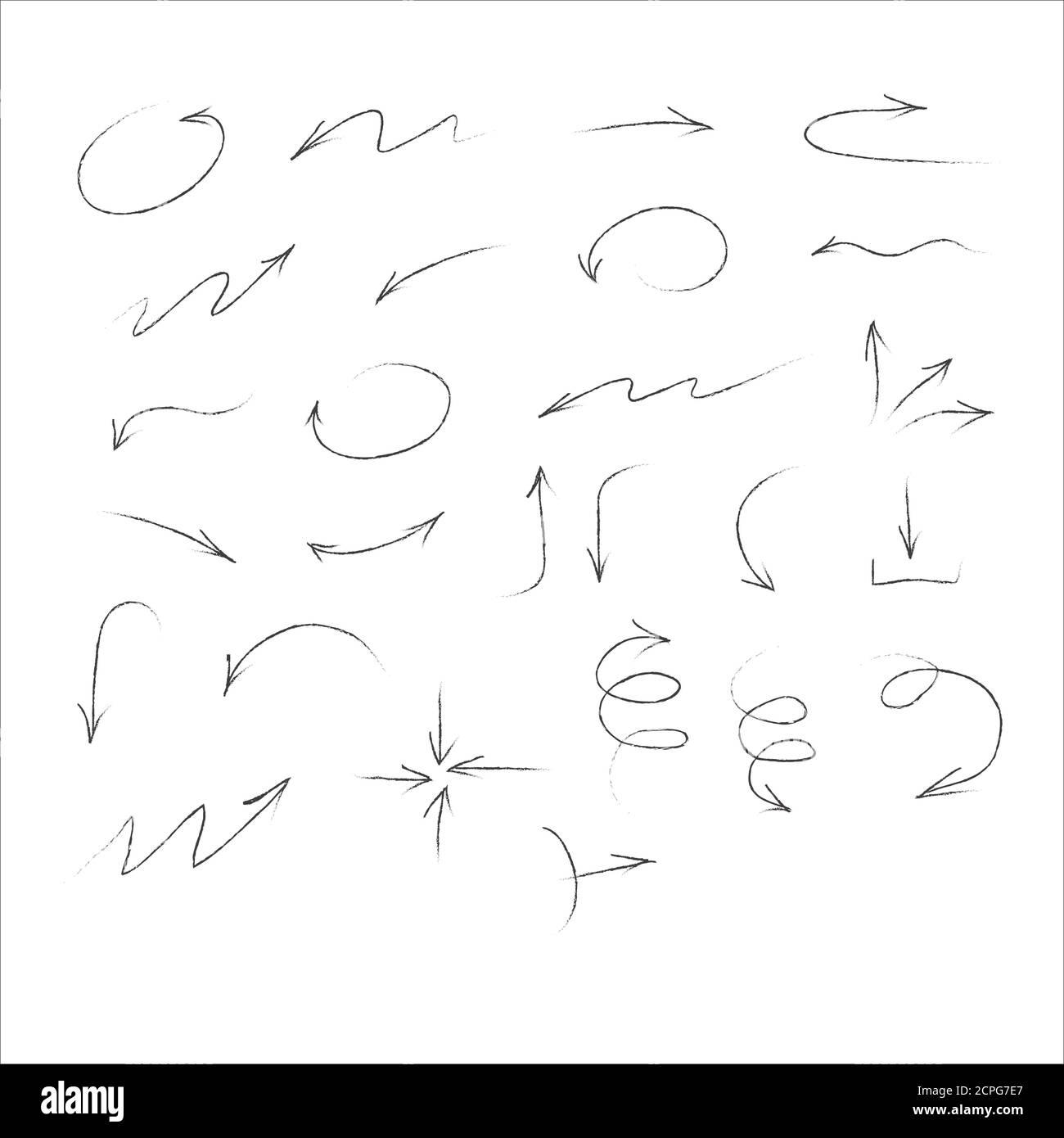 Set of black grunge hand drawn arrows isolated on white. Vector illustration. Doodle arrow ...