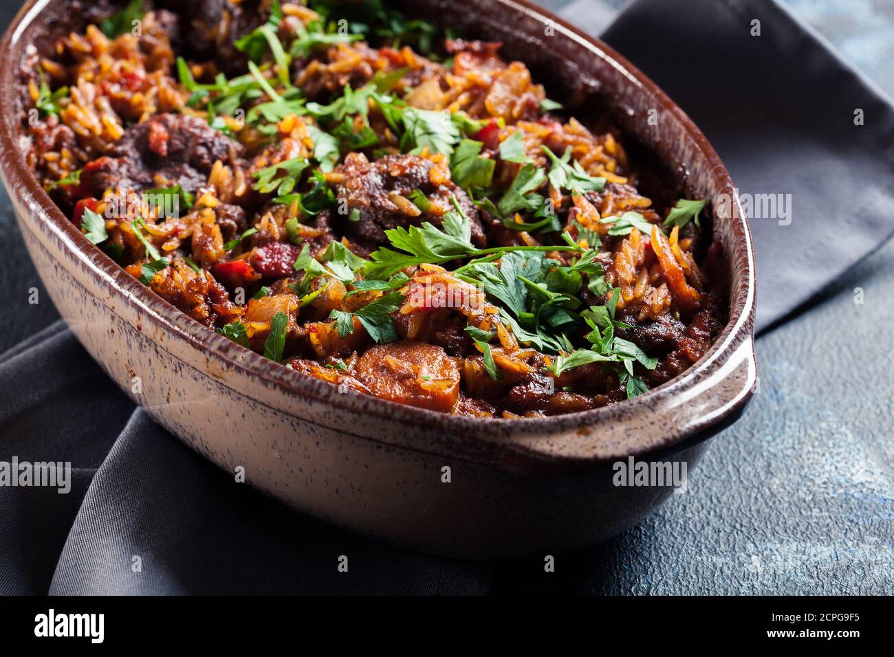 Giouvetsi - Greek beef and orzo stew. Balkanian cuisine Stock Photo - Alamy