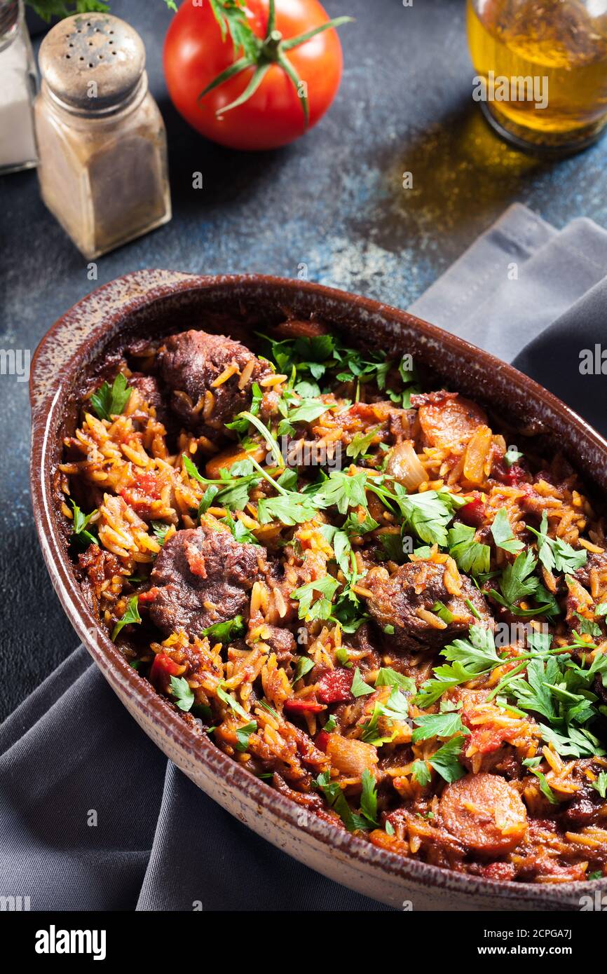 Giouvetsi - Greek beef and orzo stew. Balkanian cuisine Stock Photo - Alamy