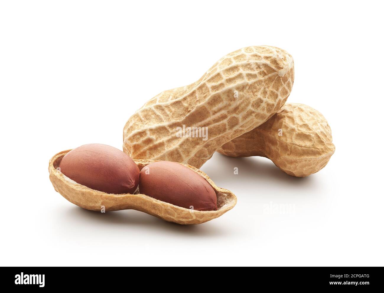 Group of unpeeled and opened shell peanuts isolated on white background ...