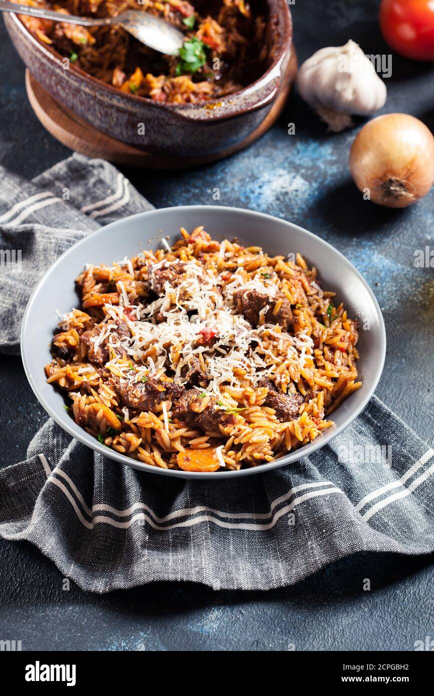Giouvetsi - Greek beef and orzo stew. Balkanian cuisine Stock Photo - Alamy