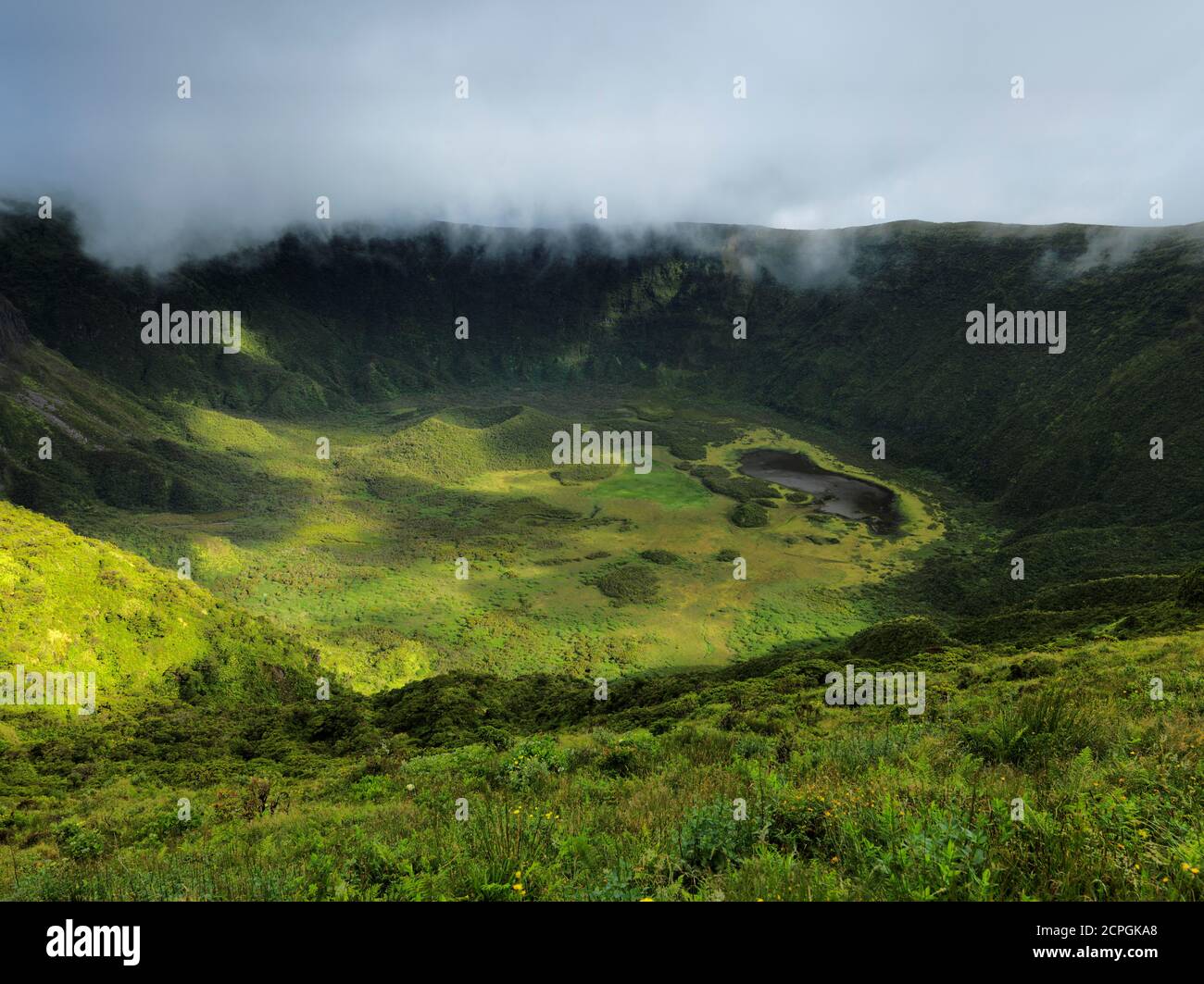 View into the caldera, cloud cover, Faial, Azores, Portugal, Europe ...