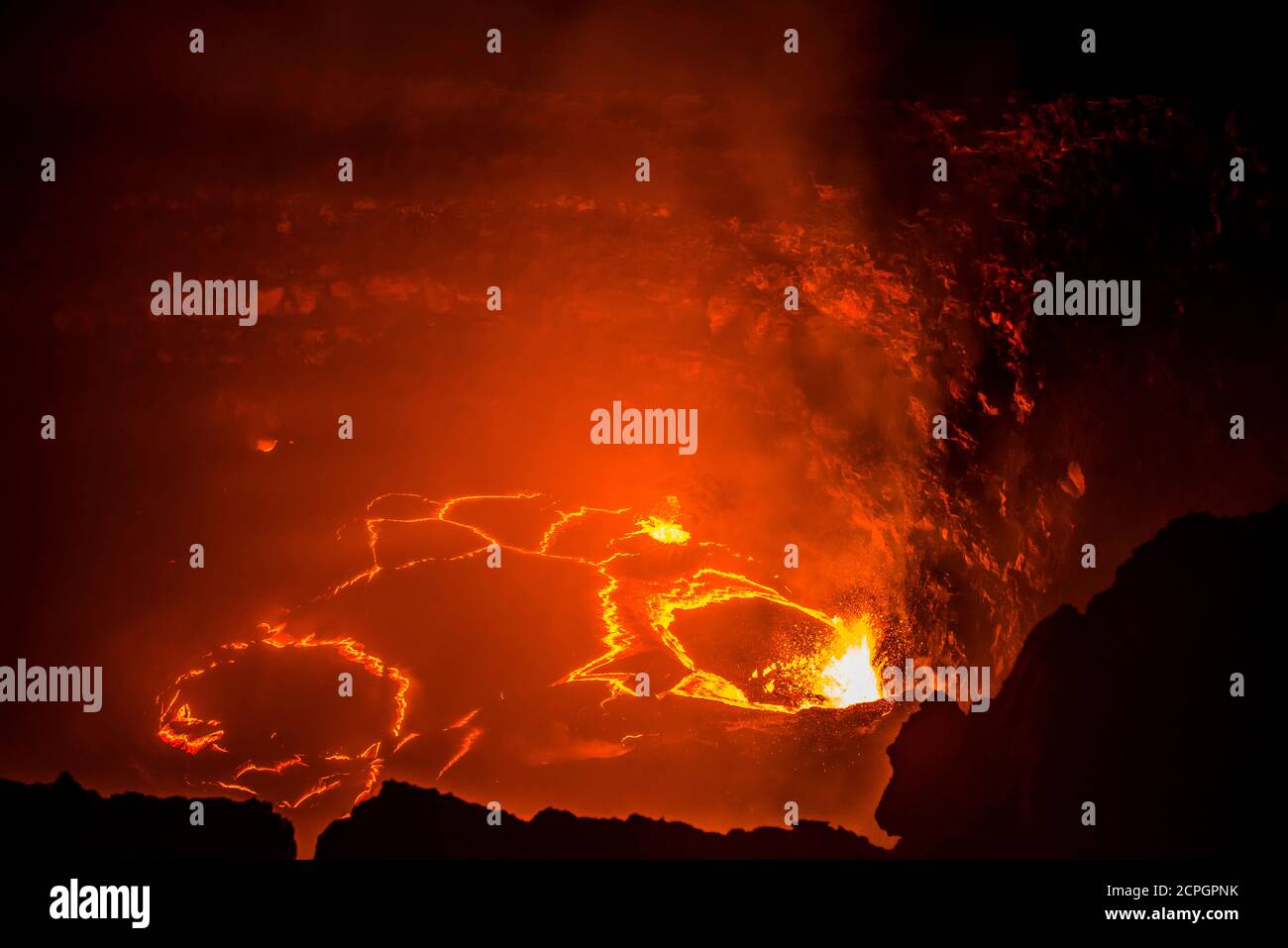 Glowing active lava lake, Erta Ale shield volcano, Danakil depression ...