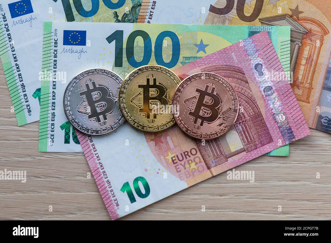 Symbol image digital currency, physical coin Bitcoin, silver, gold ...