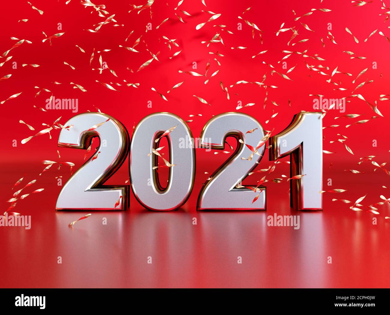 Shiny steel number 2021 with reflections on a red background, 3d ...