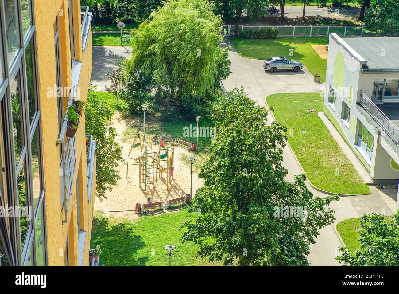 Top view of yard of residential building. Modern exterior. City ...