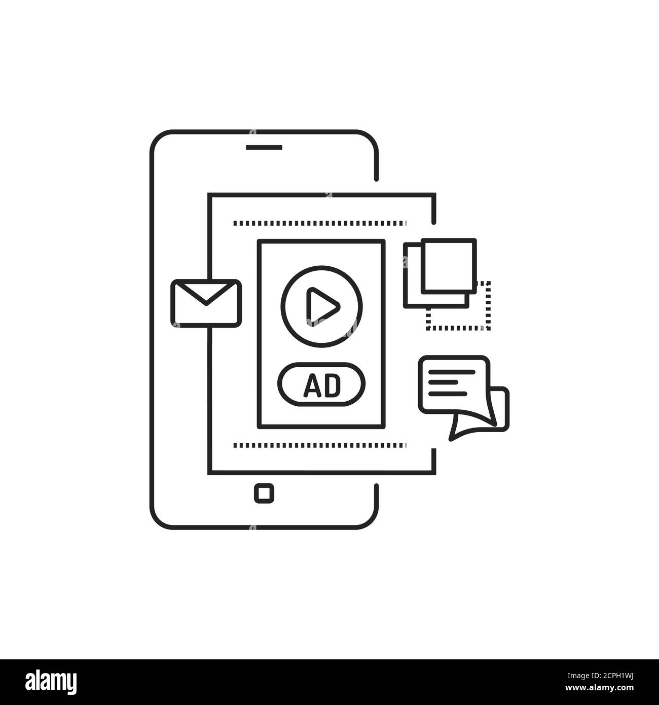 Blog advertising black line icon. Content promotion in smartphone ...