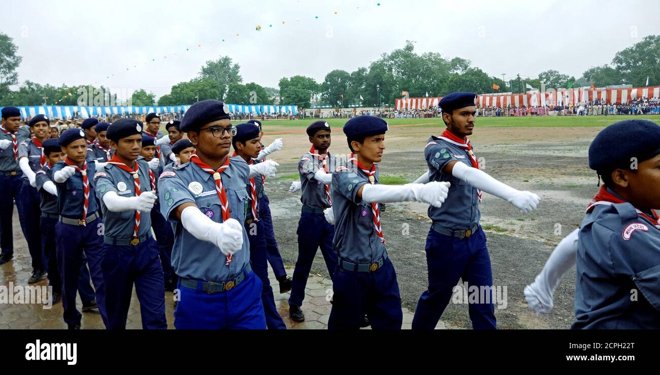 DISTRICT KATNI, INDIA - AUGUST 15, 2019: Indian Scout guide boys ...