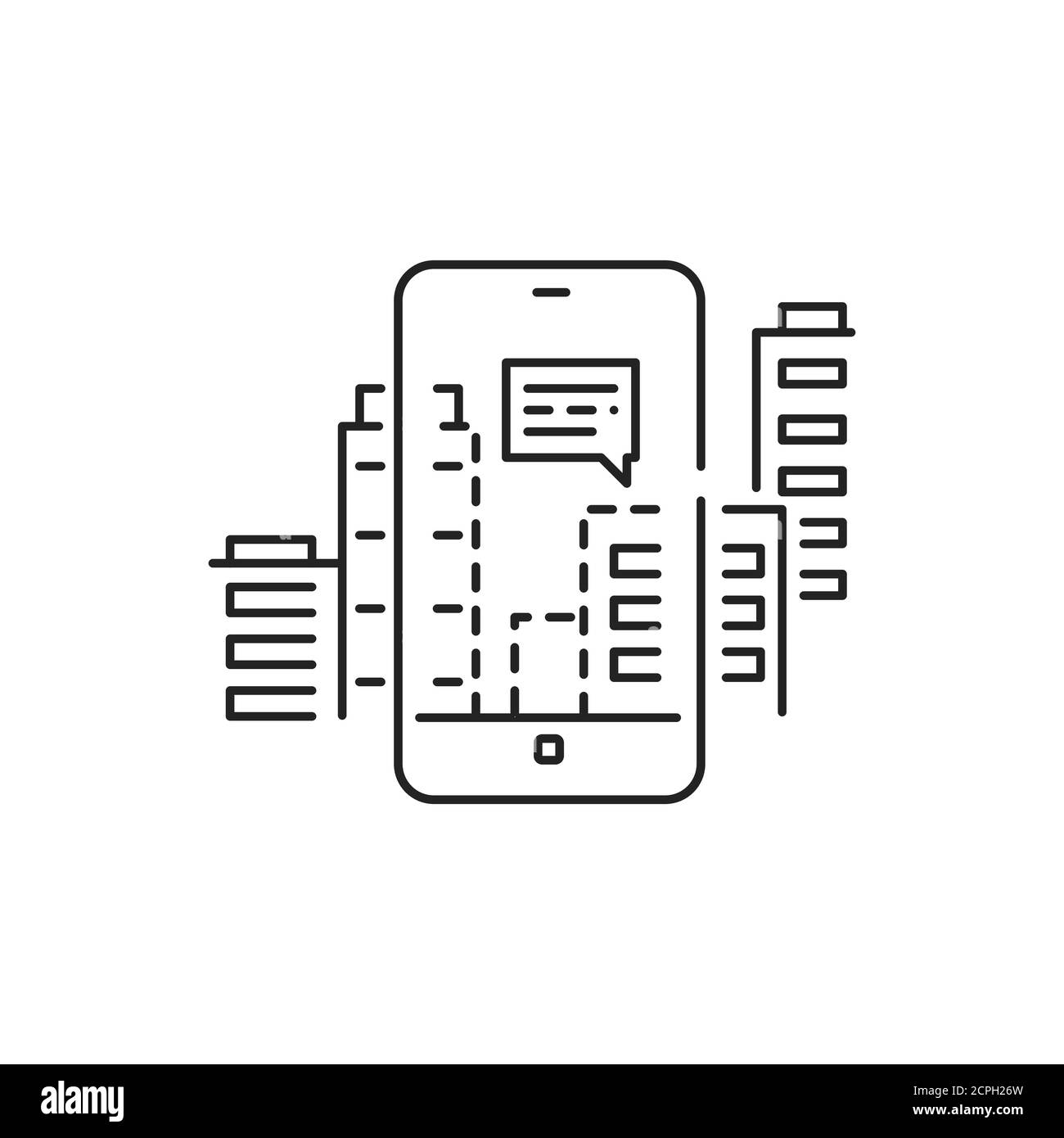 Augmented reality, navigation in city black line icon. City app in ...