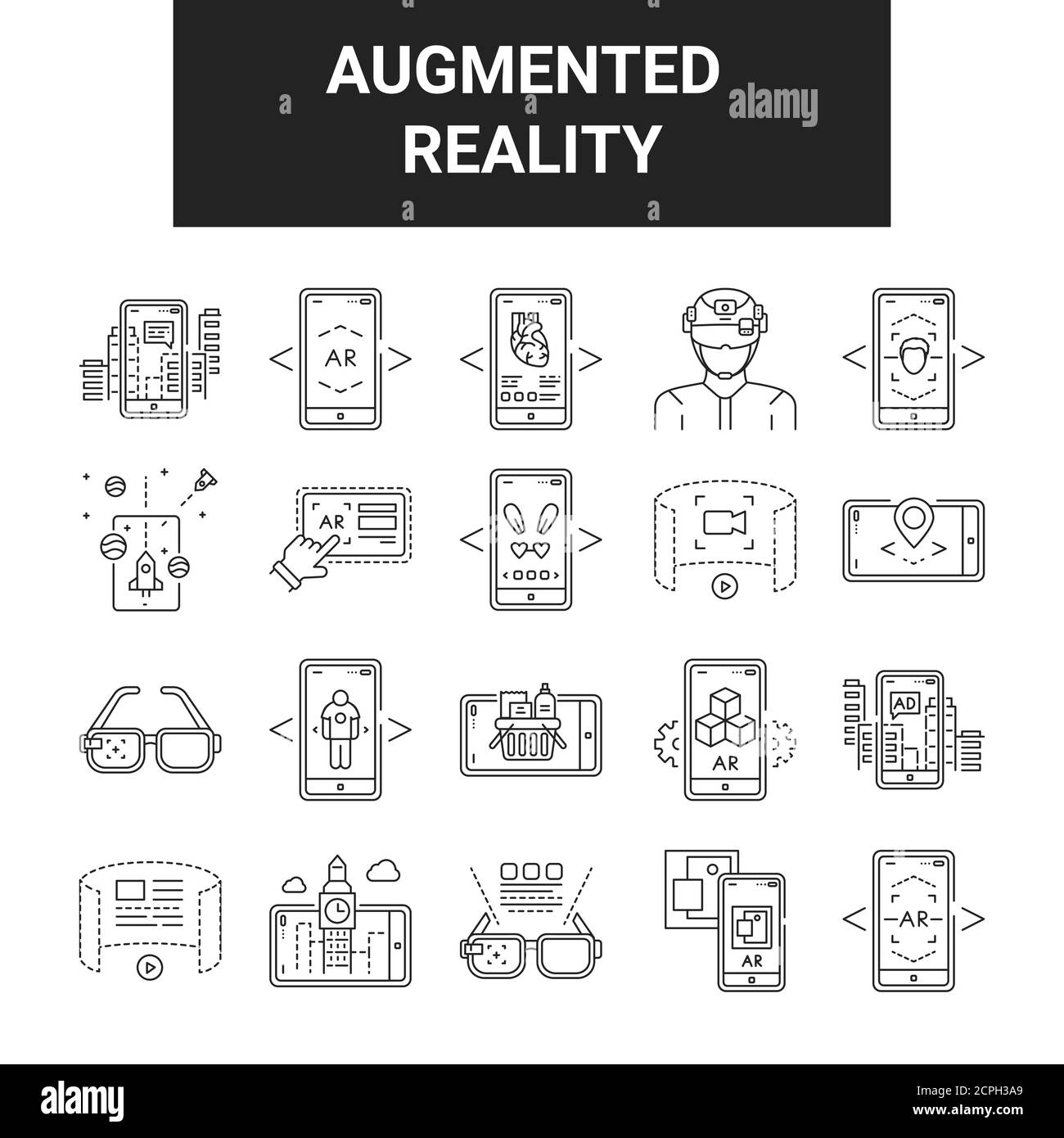 Augmented reality black line icons set. Digital technology. Pictogram ...