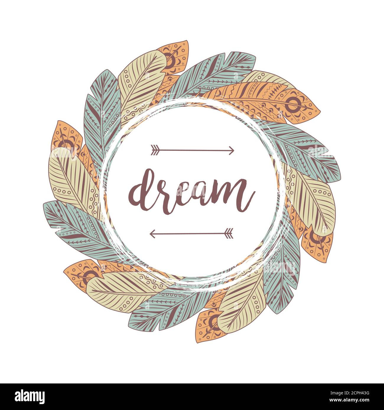 Frame from hand drawn feathers. Dream lettering banner or badge vector ...