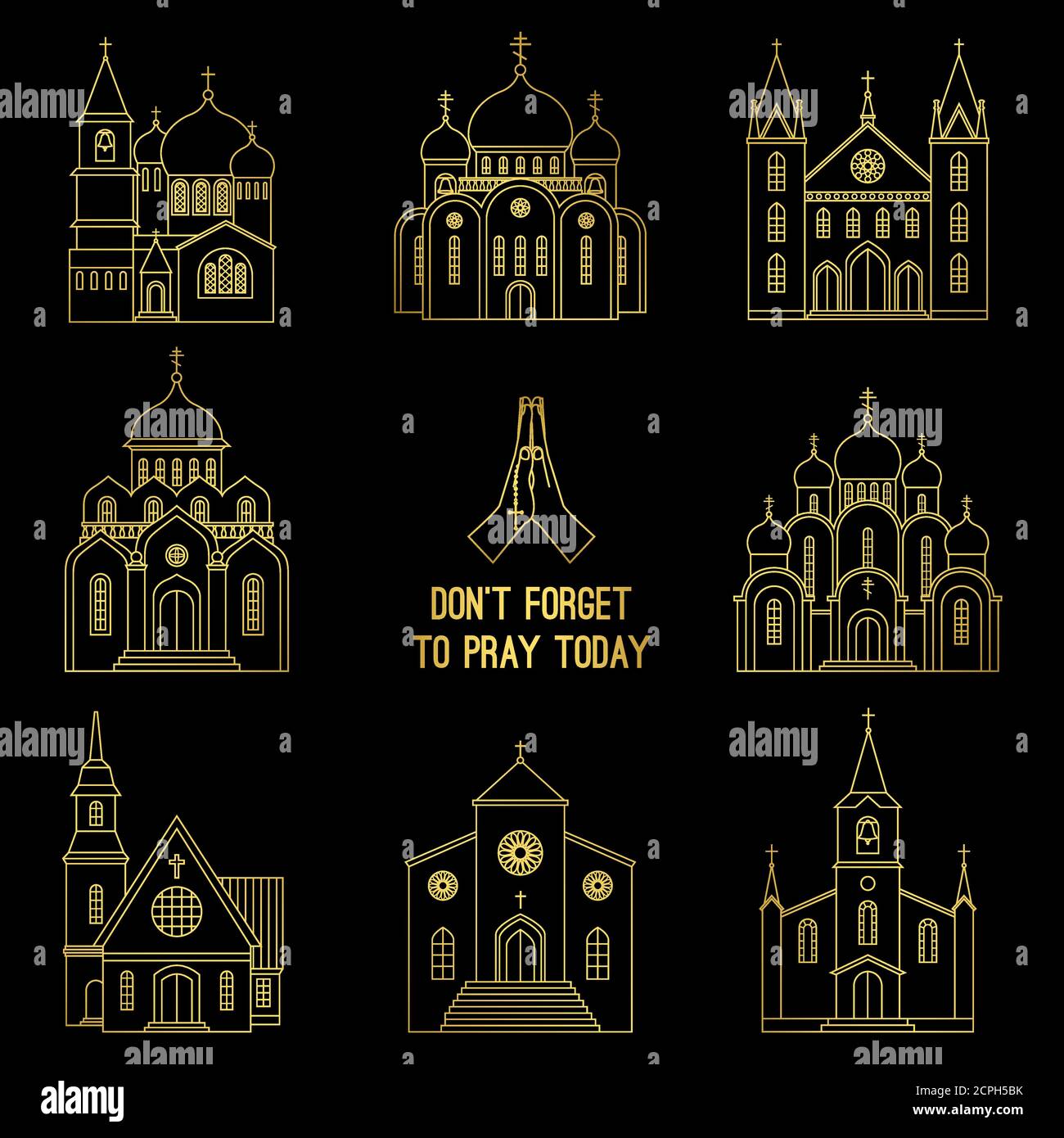 Gold line christian church icons and praying hands with prayer beads ...