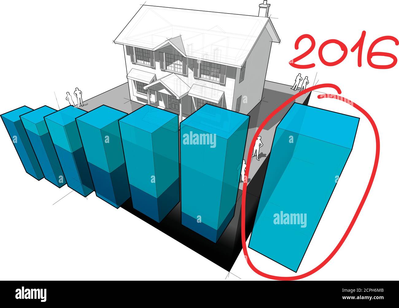 diagram of a classic colonial house with rising abstract business ...