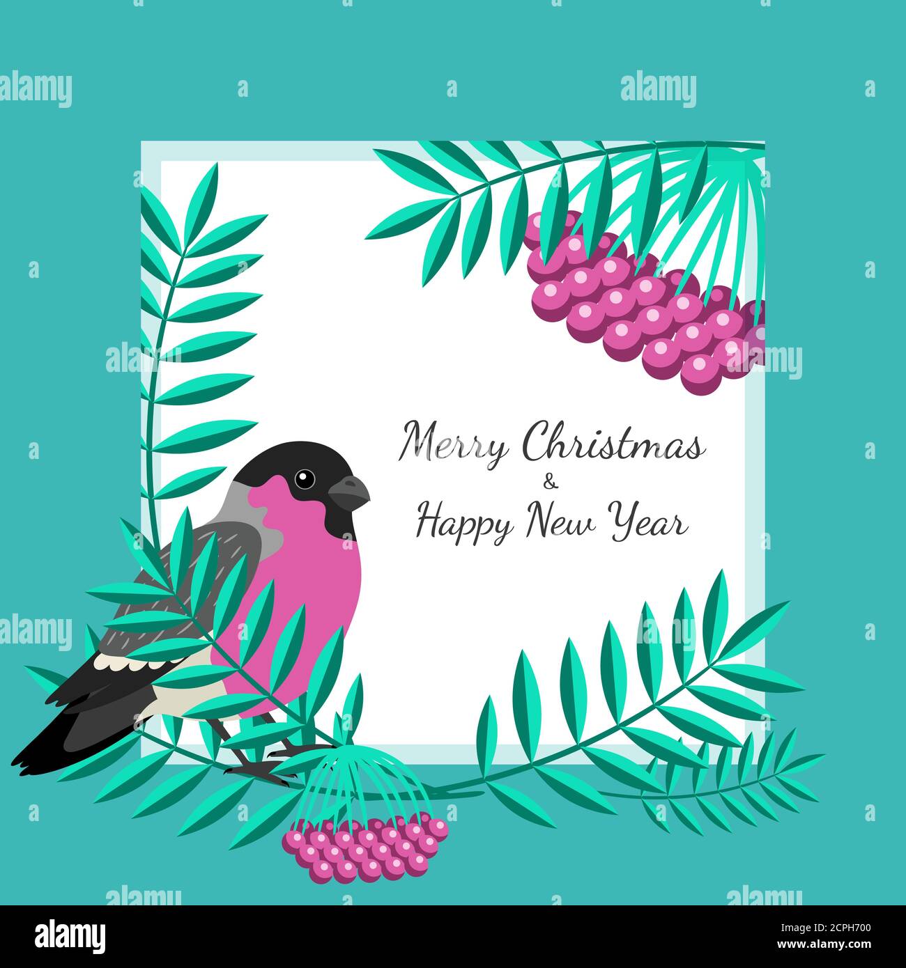 Christmas greeting card with bullfinch and rowan branches, vector ...