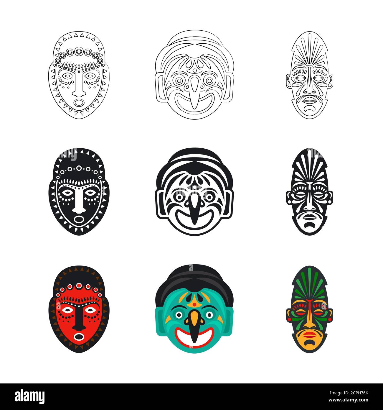 Set of tribal african mask icons isolated on white background. Face ...