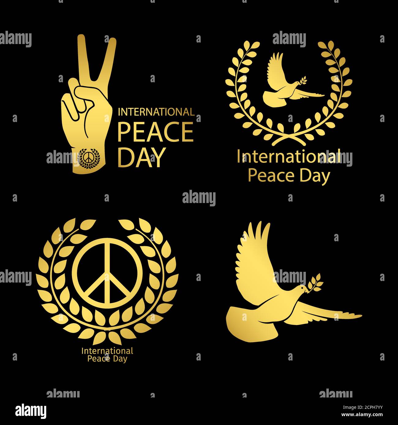 Gold peace day logos and emblems vector design on black background ...