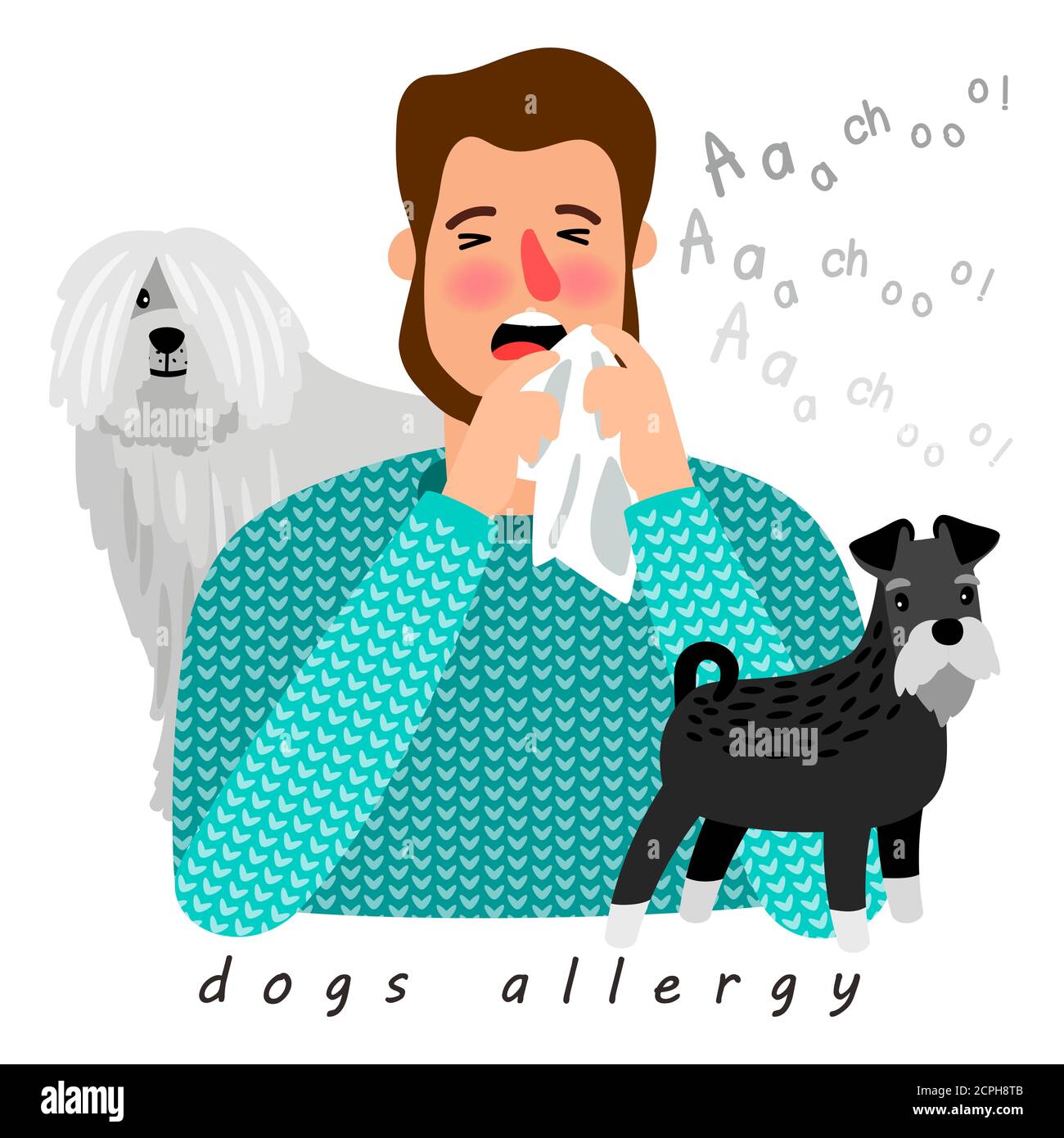 Dogs allergy desease poster, man with running nose, vector illustration ...