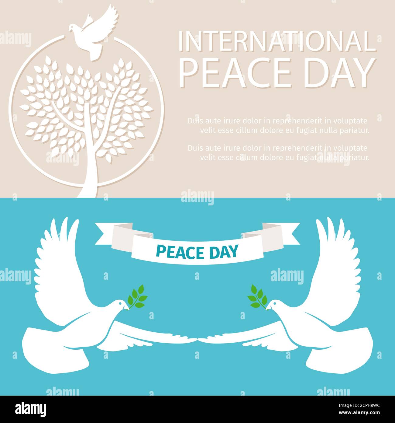 Peace Day vector banners template with doves and tree leaves on blue ...