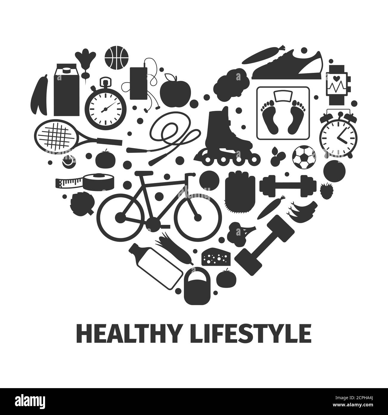 Healthy Lifestyle Heart With Sport Icons Silhouettes Vwector
