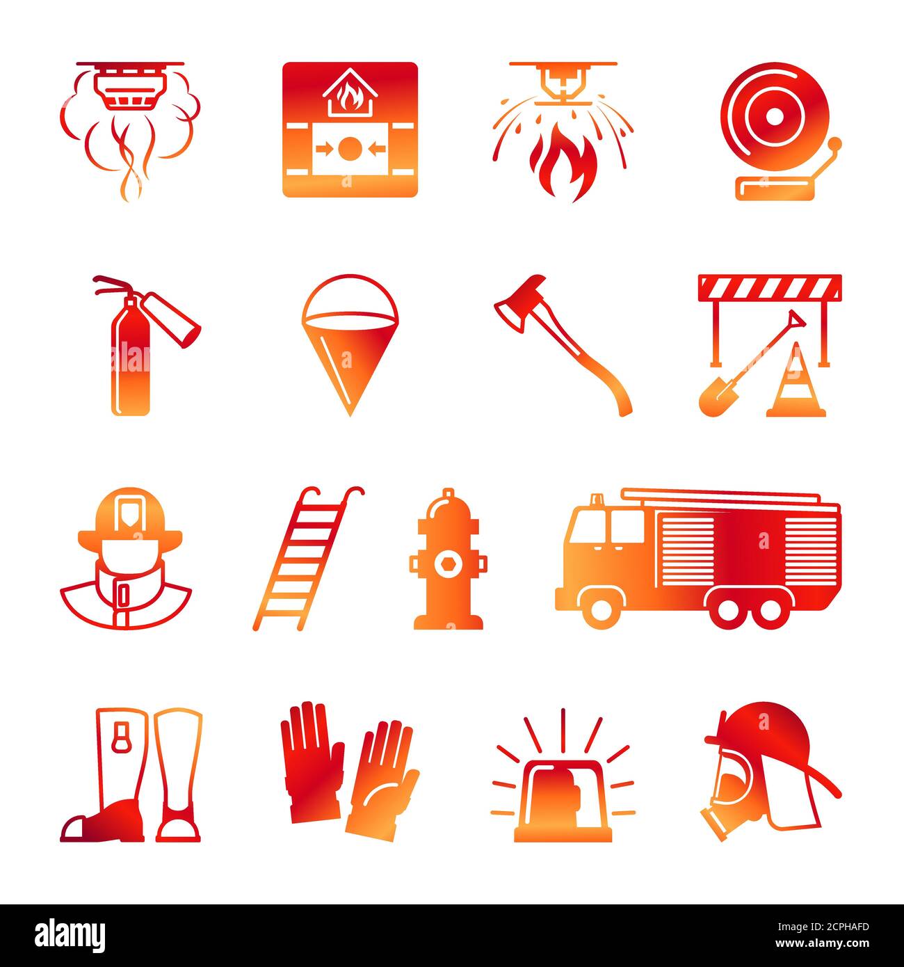 Firefighter colorful icons. Fireman and fire equipment, alarm and fire ...