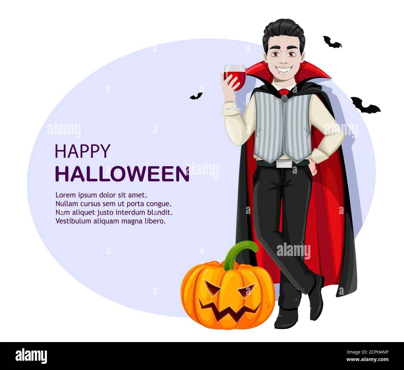 Happy Halloween greeting card. Cheerful vampire cartoon character with ...