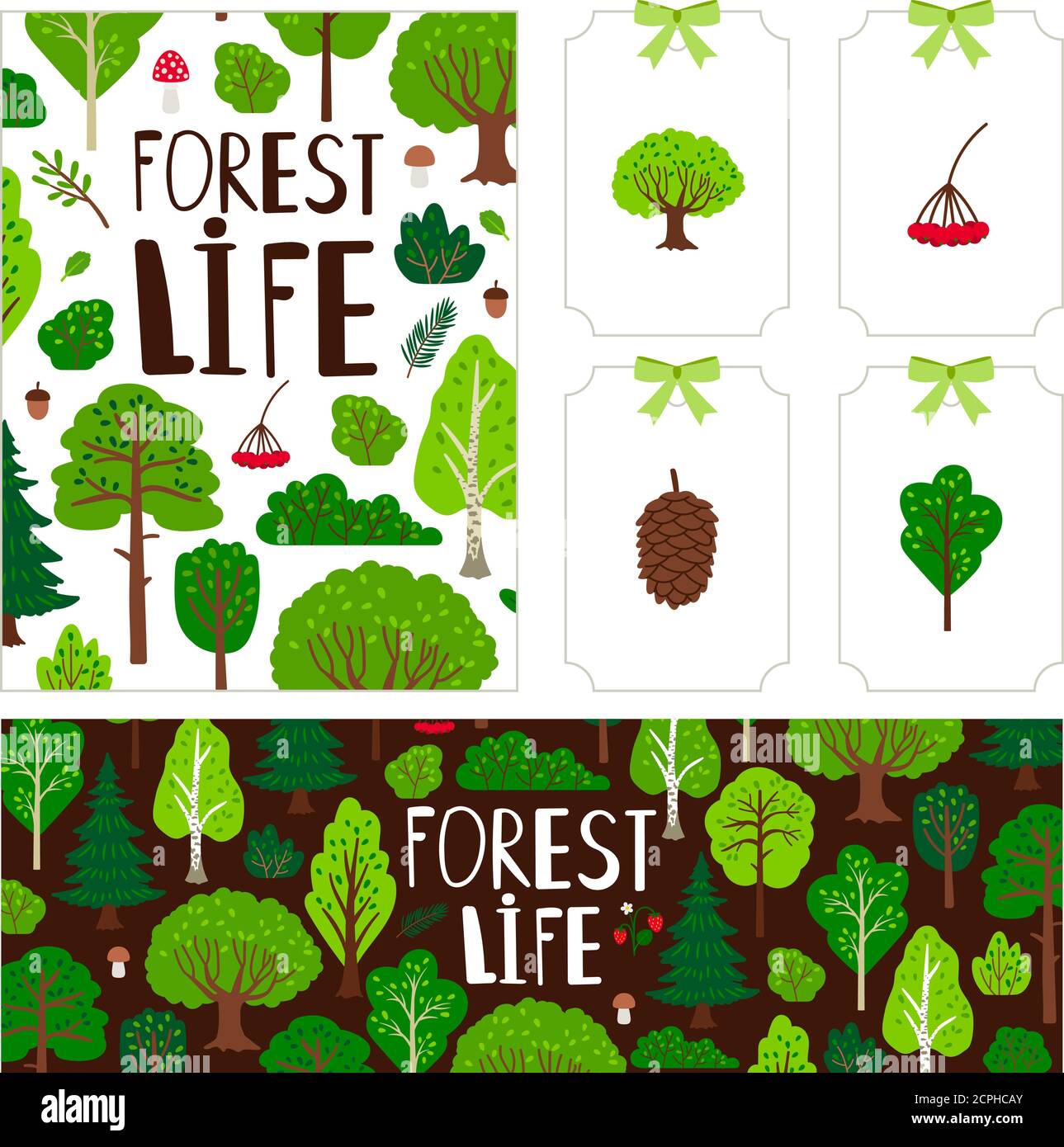 Trees banner tag card. Cartoon naturally forest panorama and vector ...