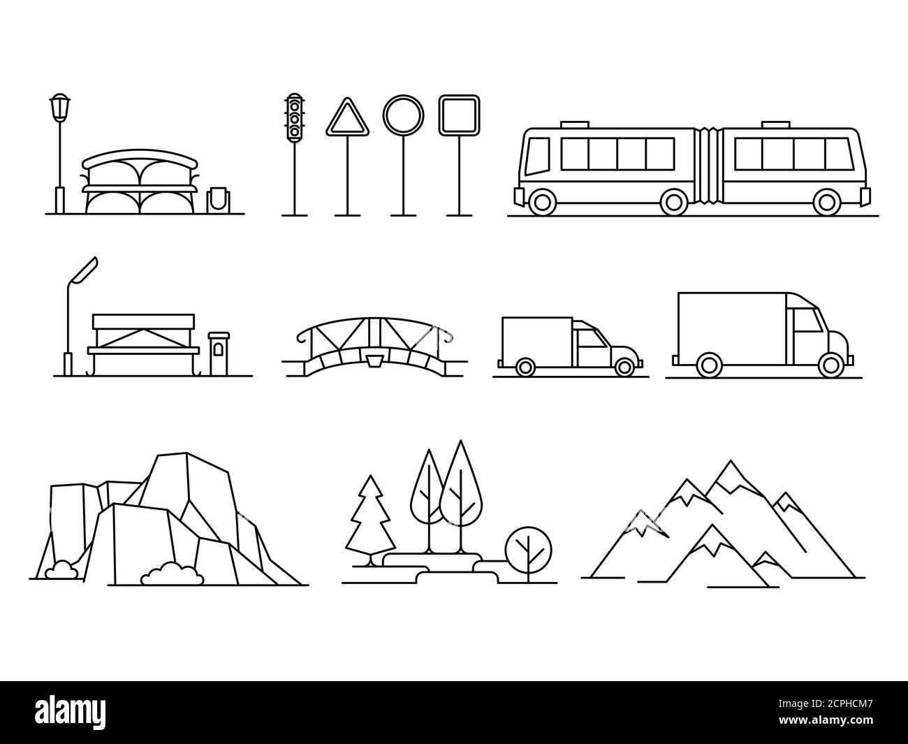 Line transportation, landscape line isons vector set on white backdrop ...