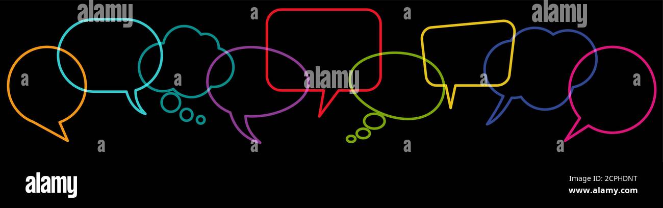 illustration of outlined colored speech bubbles in a row with space for ...