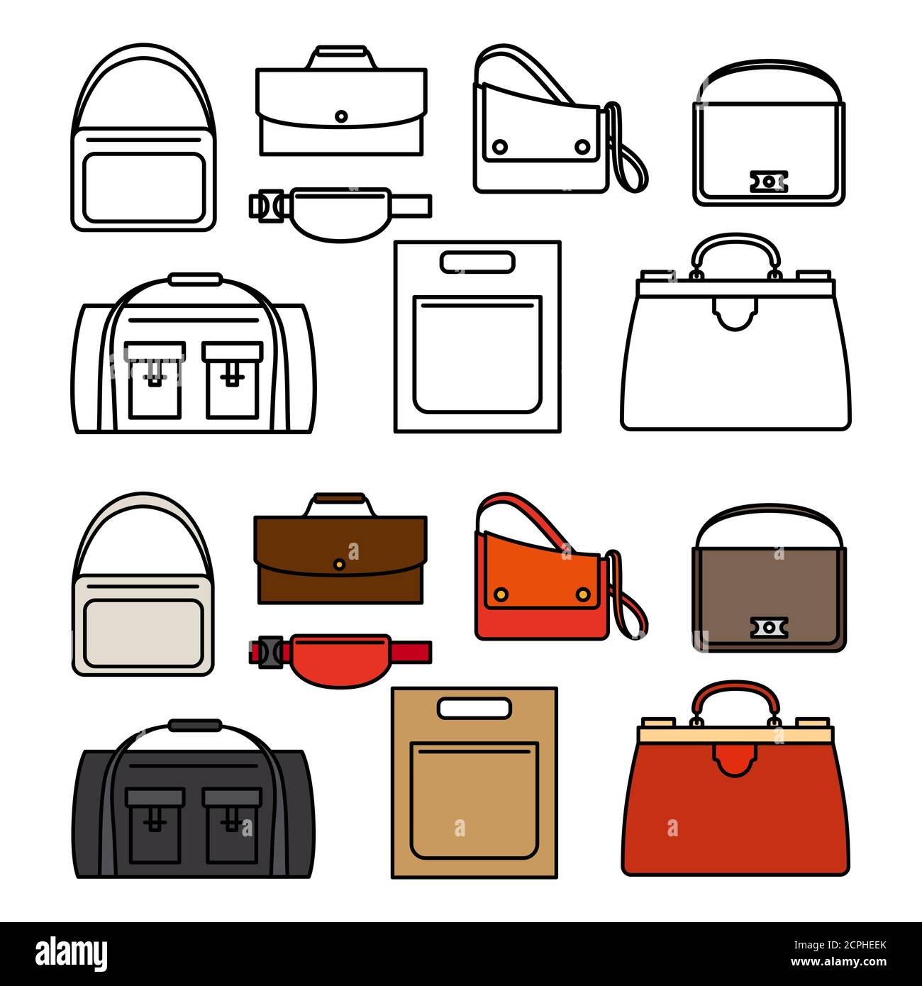 Line and colorful flat bags and purses isolated on white background ...