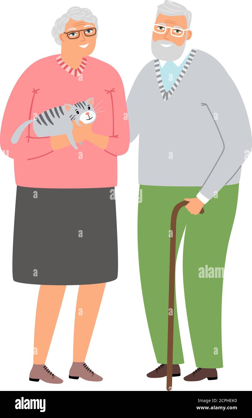 Old couple with cat. Senior age man and woman together with pet, happy ...