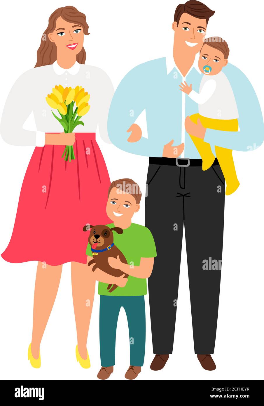 Happy young family. Cartoon parent mother and father, smiling kids and ...