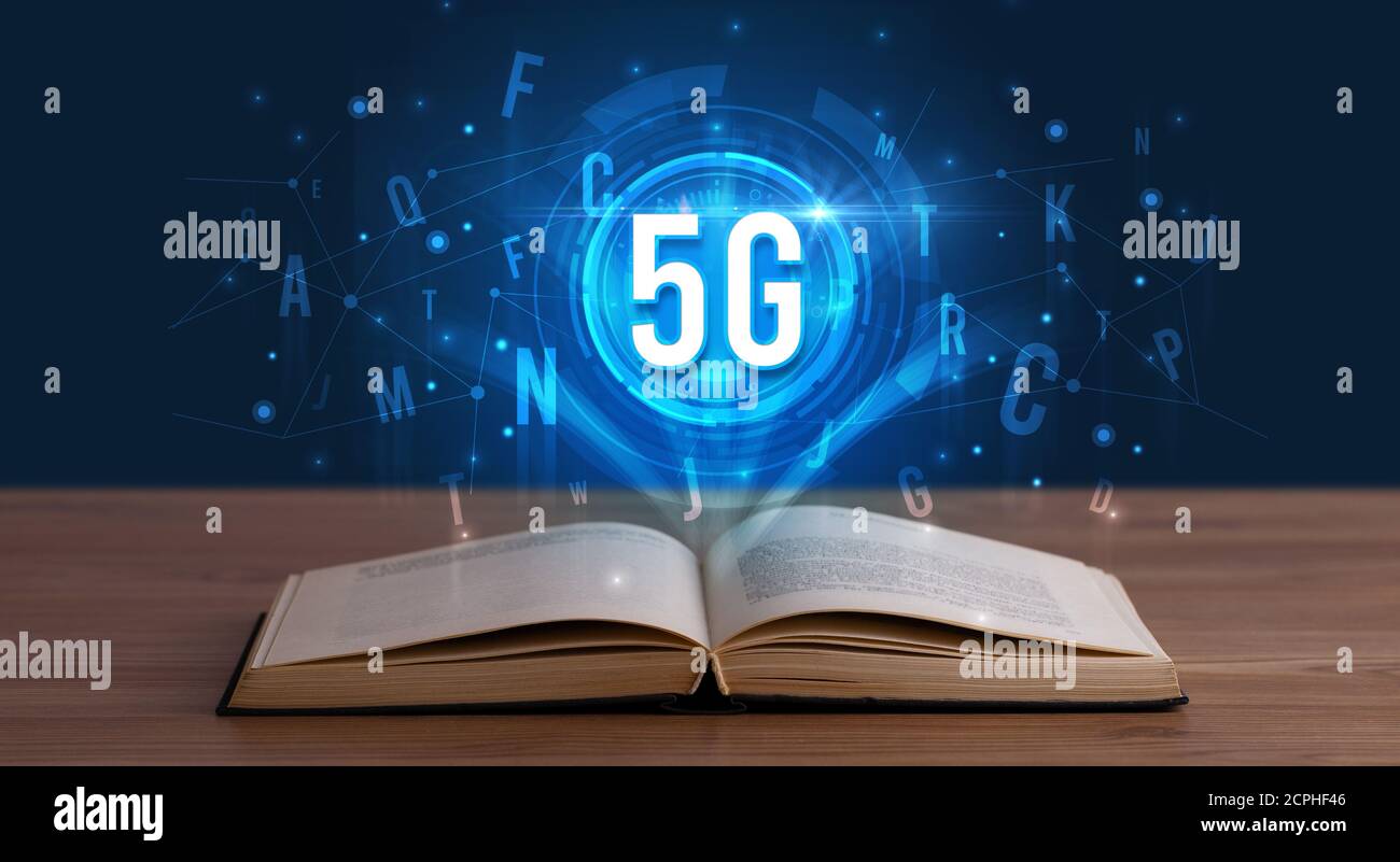 5G inscription coming out from an open book, digital technology concept ...